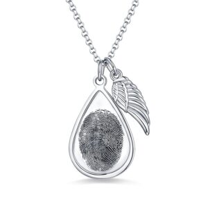 custom teardrop fingerprint necklace with angel wing sterling silver 925 personalized father fingerprint pendant necklace memorial mother day anniversary family jewelry gifts for women grandma