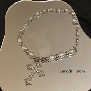 Girlssory Vintage Celtic Rhinestone Cross Long Pendant Necklace Pearl Beaded Choker Necklace Silver for Women