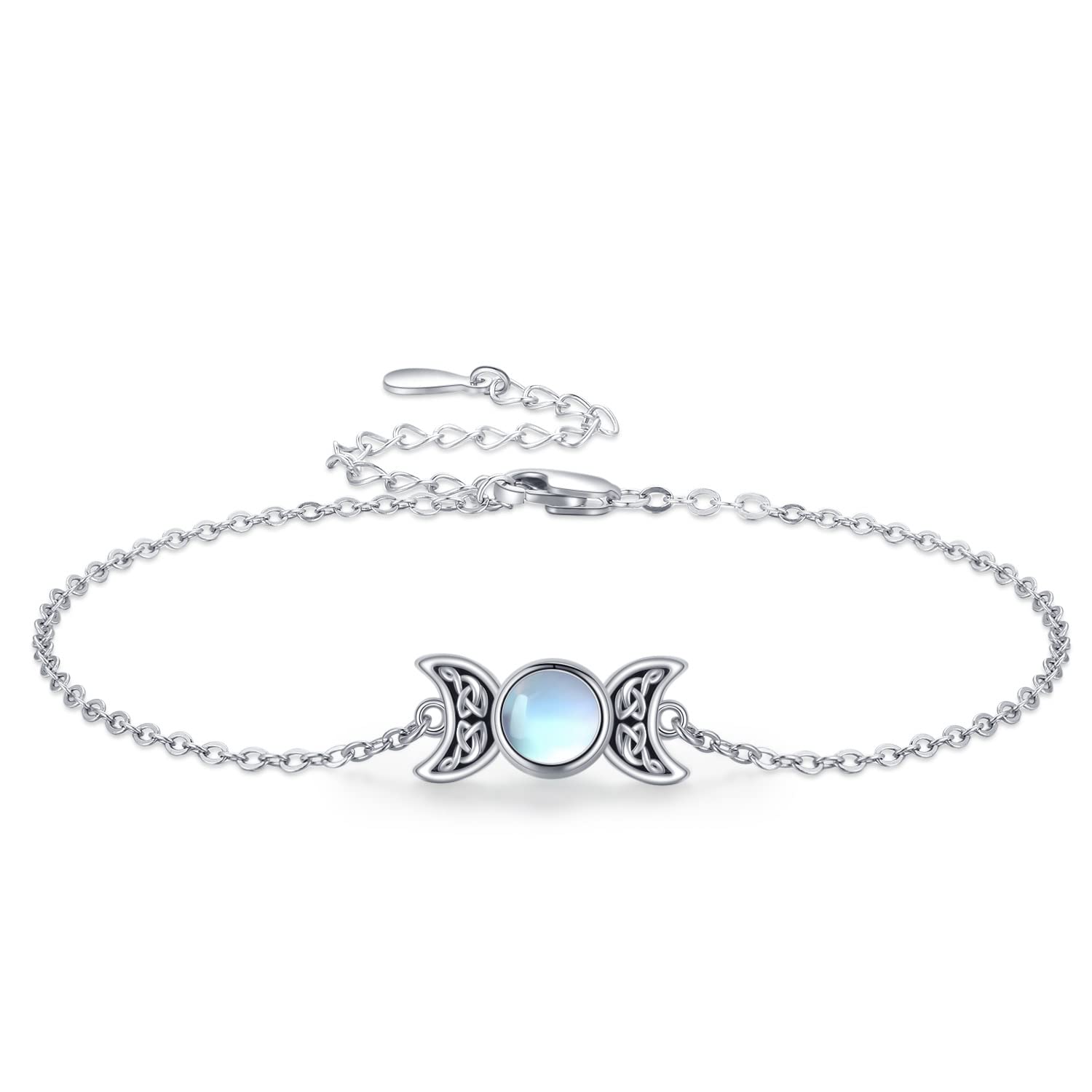 lotus & leaf Triple Moon Goddess Bracelet Sterling Silver Moonstone Moon Jewelry Pagan Wiccan Amulet Bracelet Triple Moon Goddess Gifts for Women