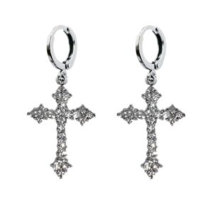 fashion cz cross dangle earrings for women girls hypoallergenic crystal charms drop dangling huggie small hoop cartilage cuff dainty punk faith jewelry gifts for prayer (silver)