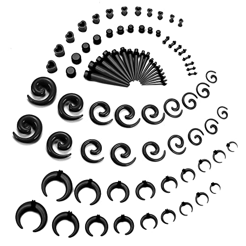 FASACCO 98Pcs Ear Stretching Kit 14G-00G Ear Gauges Expander Set Acrylic Tapers and Plugs & Silicone Tunnels Taper Spiral Tapers Gauges for Ears, Black