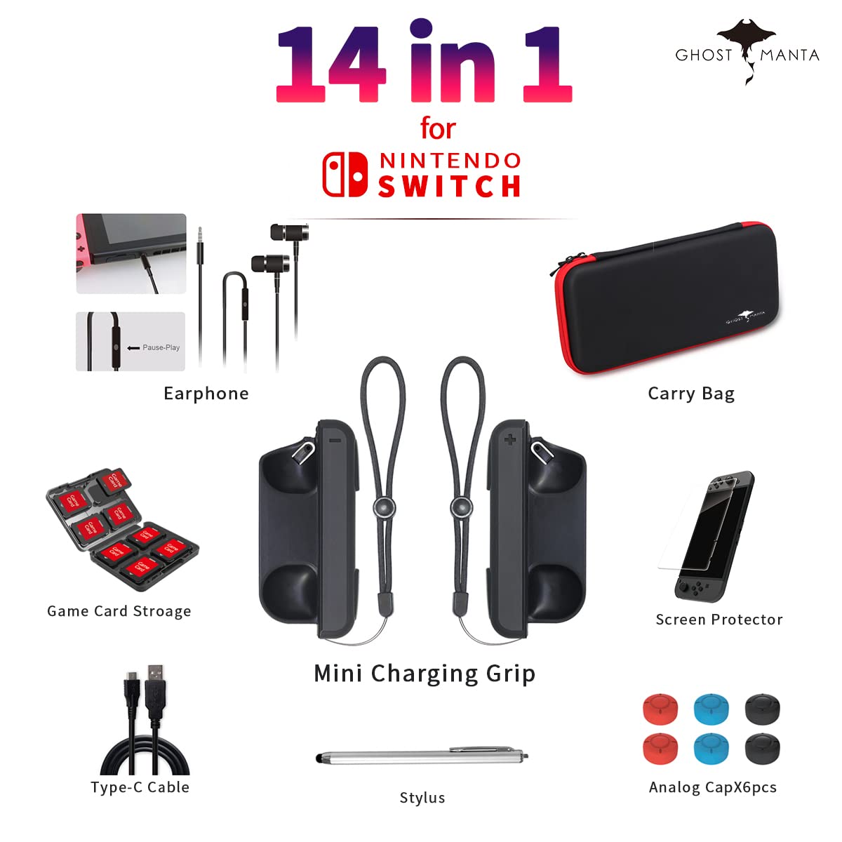 Switch 14 in 1 Accessories Kit Compatible with Nintendo Switch, Bundle with Mini Charging Grip, Headphone, Carry Bag, Screen Protector, Game Card Storage, Stylus, 6 Thumb Grips