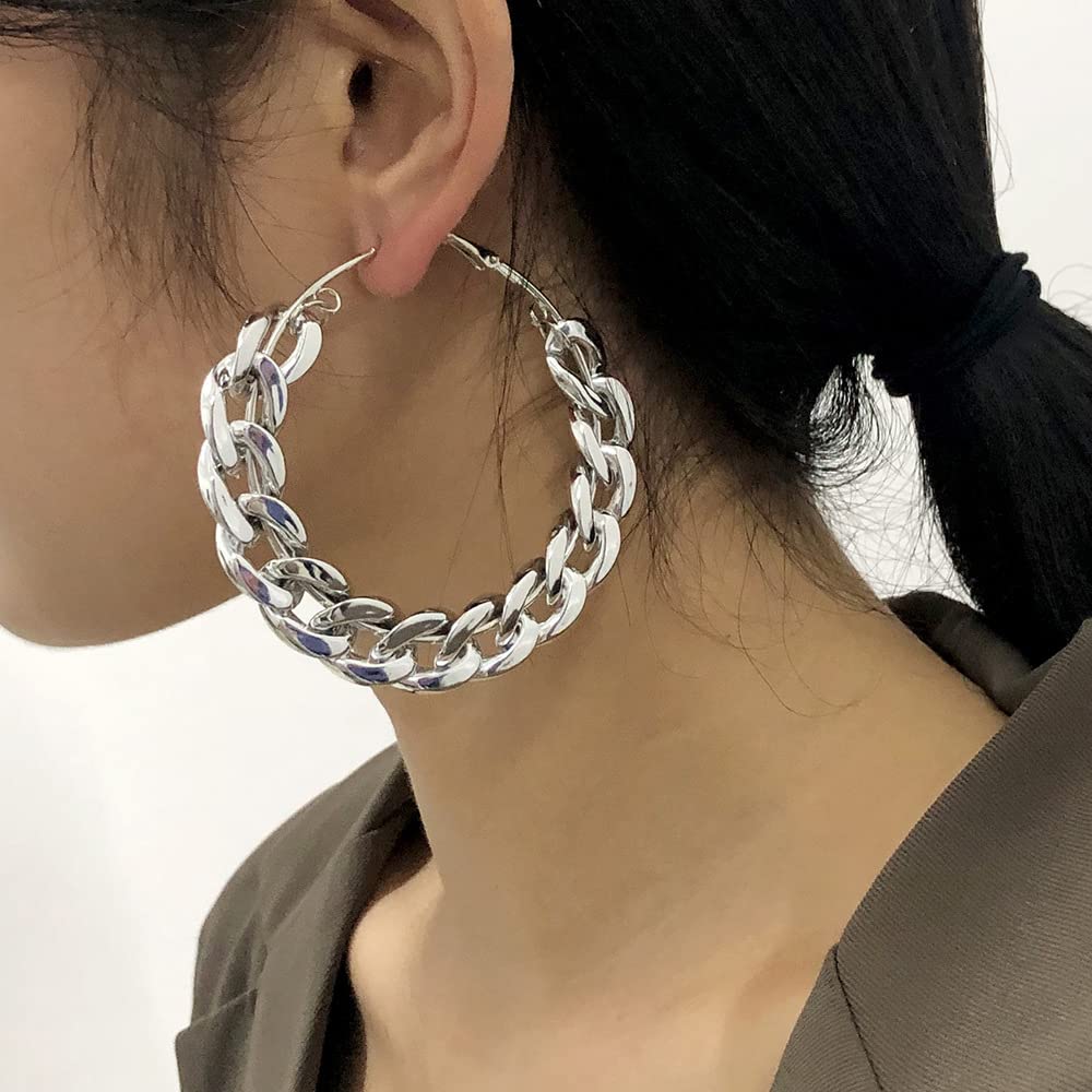 Girlssory Big Punk Chain Hoop Earrings Cuban Link Chain Earrings Chunky Earrings Fashion Punk Jewelry for Women (Silver)