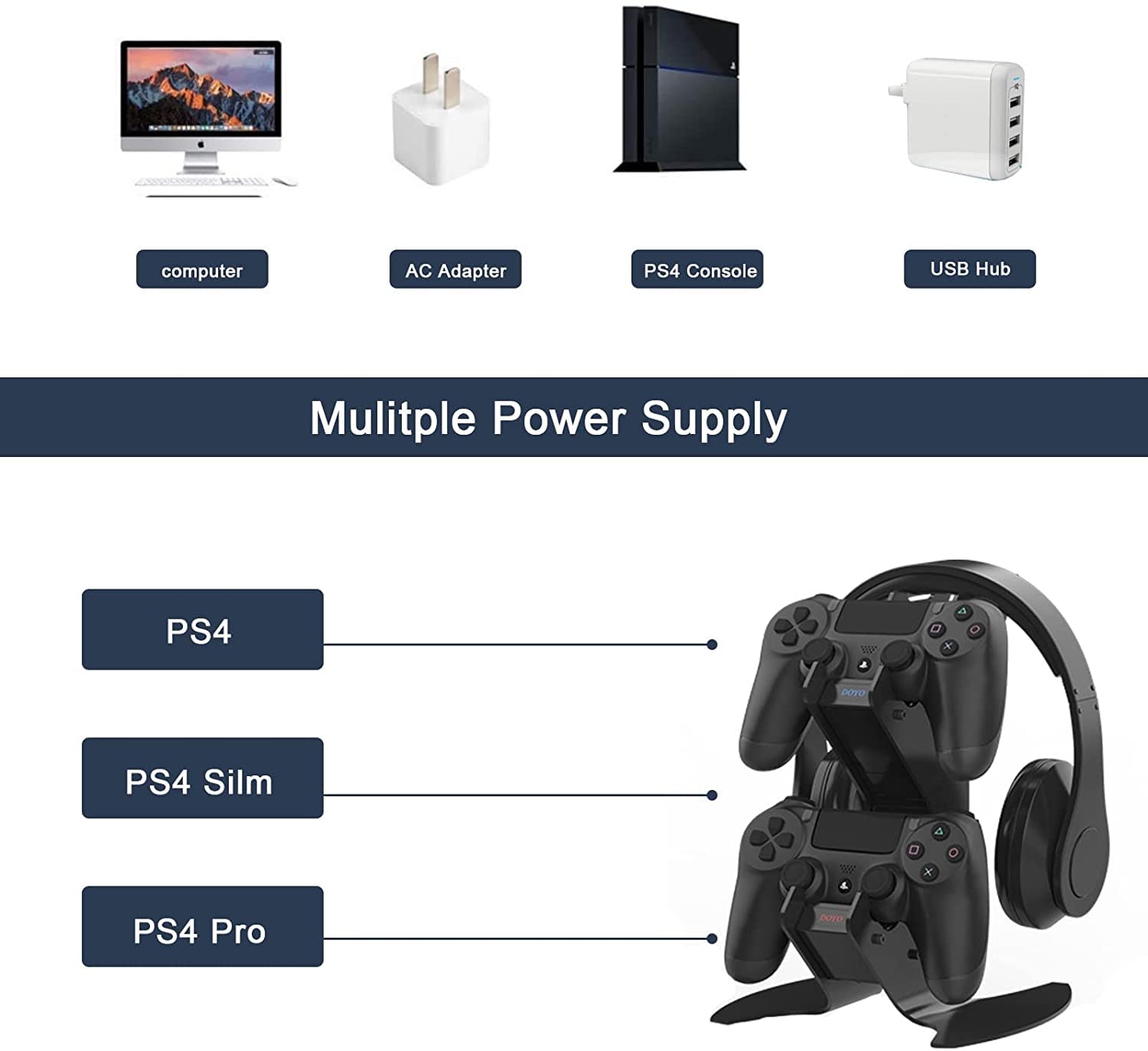 PS4 Controller Charger Station with Headset Organizer, PlayStation 4 Controller Charging Dock Station with Fast Charging Port, Replacement PS4 Slim Pro Controller Charger by DOYO