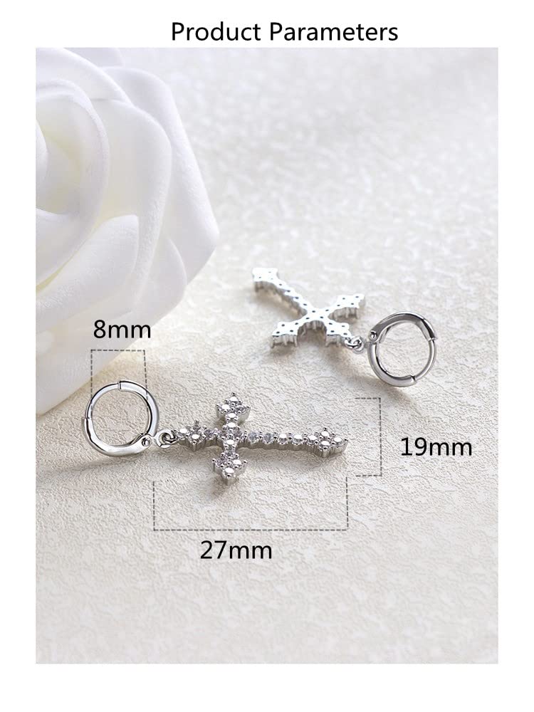 Fashion CZ Cross Dangle Earrings for Women Girls Hypoallergenic Crystal Charms Drop Dangling Huggie Small Hoop Cartilage Cuff Dainty Punk Faith Jewelry Gifts for Prayer (Silver)