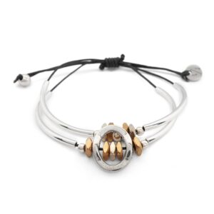 lizzy james optimism 2 strand black leather and silver adjustable bracelet with silver and gold plated beads