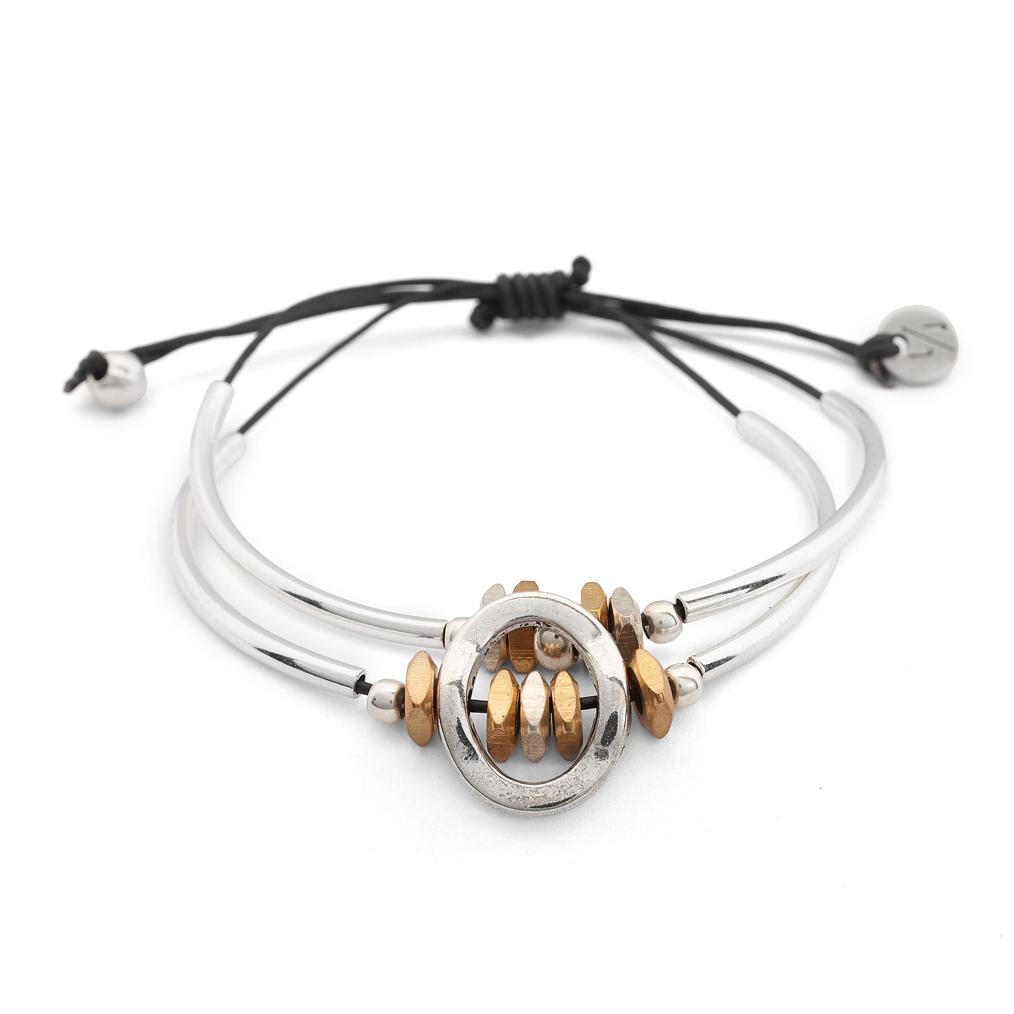 Lizzy James Optimism 2 Strand Black Leather and Silver Adjustable Bracelet with Silver and Gold Plated Beads