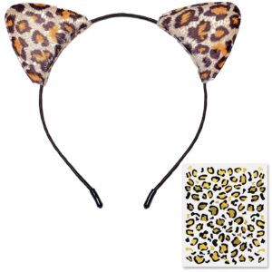 funcredible leopard ears headband with tattoos - cheetah ear headbands and temporary tattoos - halloween headband for adults and kids