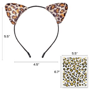 Funcredible Leopard Ears Headband with Tattoos - Cheetah Ear Headbands and Temporary Tattoos - Halloween Headband for Adults and Kids