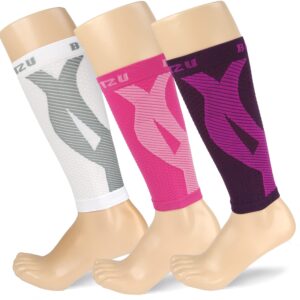 blitzu 3 pairs calf compression sleeves for women and men size s-m, one white, one pink, one purple