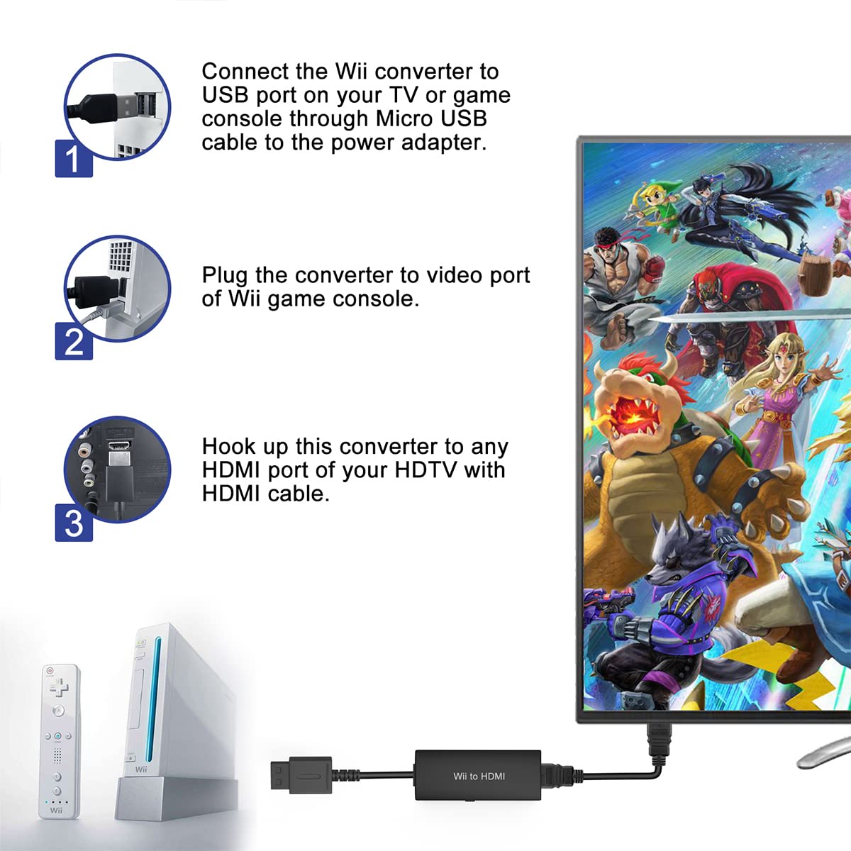 Wii to HDMI Converter Wii to hdmi Adapter HDMI Cable for Nintendo Wii and U Type. Convert The Native 1080P/720P Ypbpr Signals from Wii to Digital HDMI Signals. Provide The Best Signal Processing