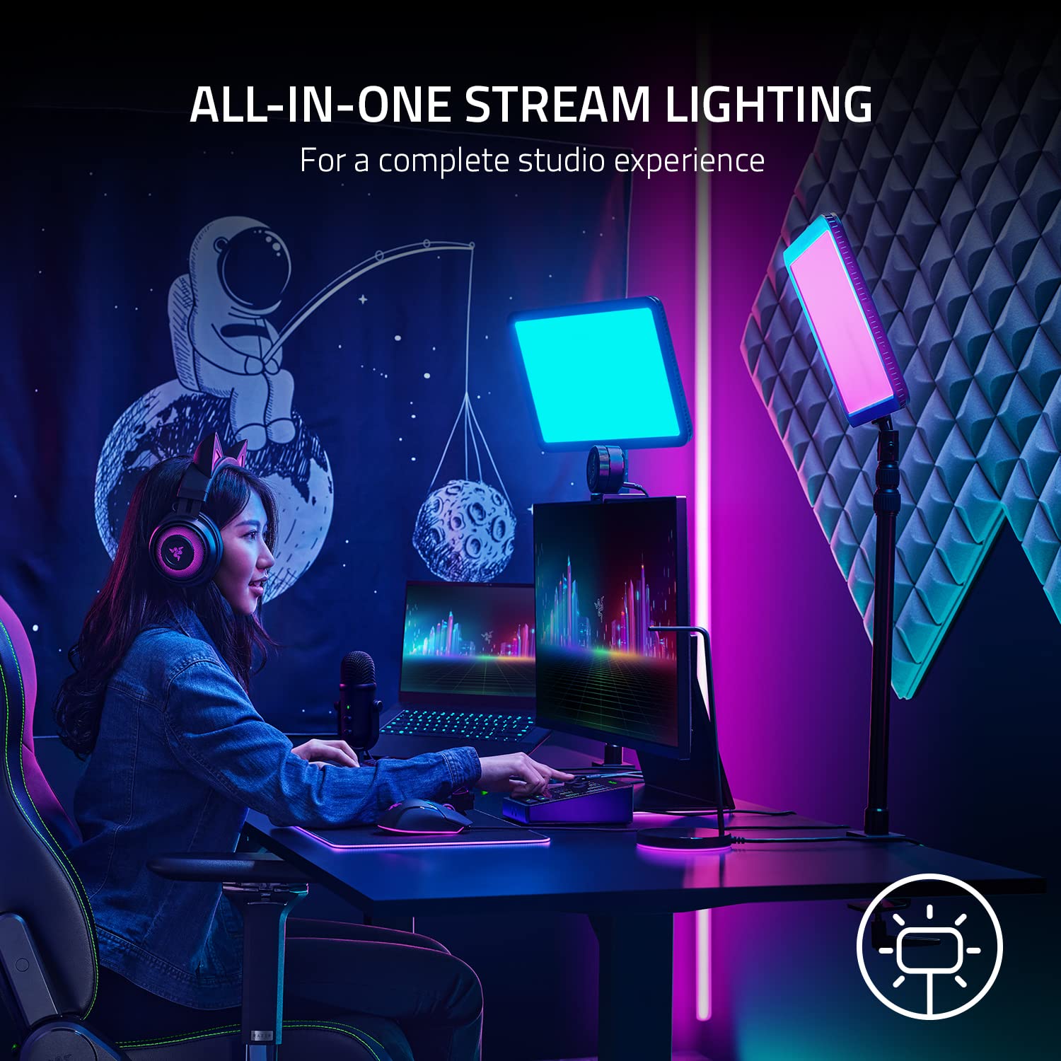 Razer Key Light Chroma: Customizable RGB Light Spectrum - 2800 Lumens Professional Light for Streaming, Video Recording/Conferencing on PC, Phone - Control via App - Clamp Mount - Wi-Fi & Bluetooth