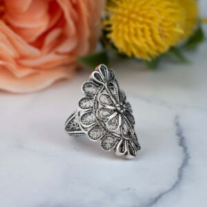 Filigranist 925 Sterling Silver Filigree Art Lace Embroidery Detailed Women Long Statement Ring (8.5)