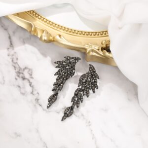 BriLove Art Deco Angel Wings Rhinestone Retro Statement Earrings for Women Dangling Chandelier Long Drop Grey Black-Tone