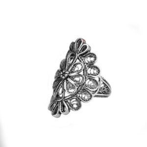 Filigranist 925 Sterling Silver Filigree Art Lace Embroidery Detailed Women Long Statement Ring (8.5)