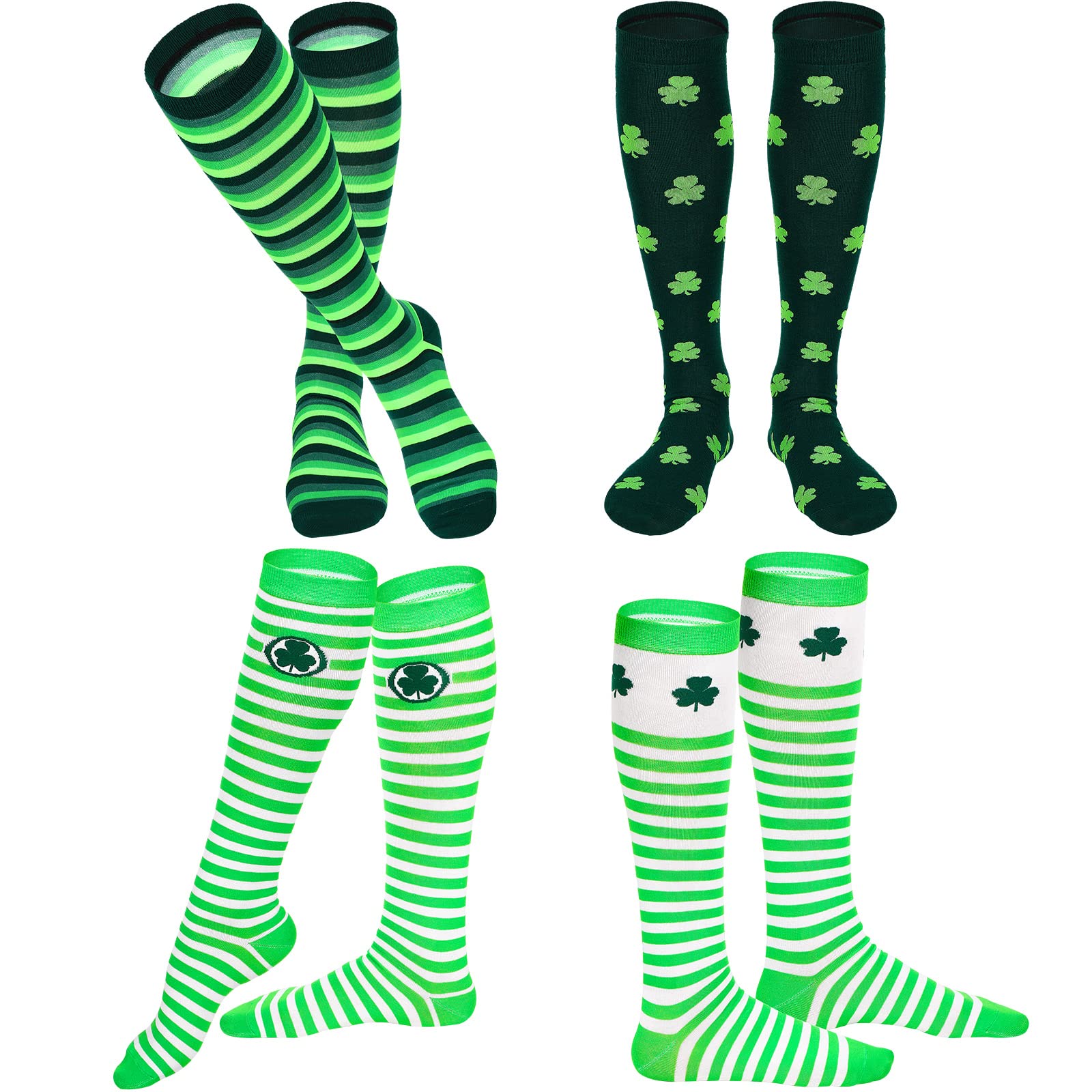 JaGely St. Patrick Day Sock 4 Pairs Green Striped Socks Shamrock Athletic Running Knee Thigh High Stockings Long Tube Socks for Women