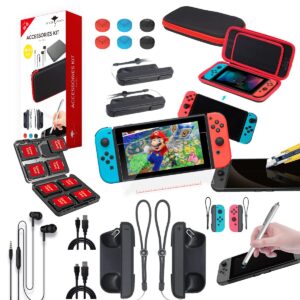 switch 14 in 1 accessories kit compatible with nintendo switch, bundle with mini charging grip, headphone, carry bag, screen protector, game card storage, stylus, 6 thumb grips