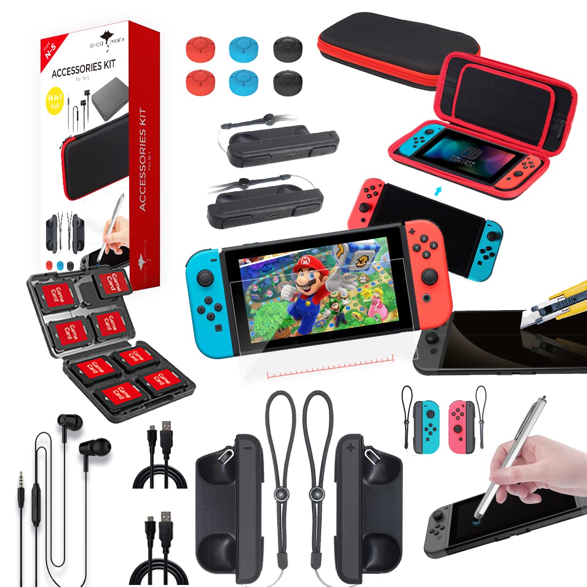 Switch 14 in 1 Accessories Kit Compatible with Nintendo Switch, Bundle with Mini Charging Grip, Headphone, Carry Bag, Screen Protector, Game Card Storage, Stylus, 6 Thumb Grips