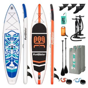 funwater stand up paddle board 11'x33''x6'' ultra-light (20.4lbs) inflatable paddleboard with isup accessories,three fins,adjustable paddle, pump,backpack, leash, waterproof phone bag