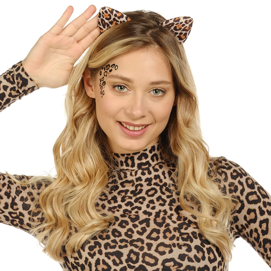 Funcredible Leopard Ears Headband with Tattoos - Cheetah Ear Headbands and Temporary Tattoos - Halloween Headband for Adults and Kids