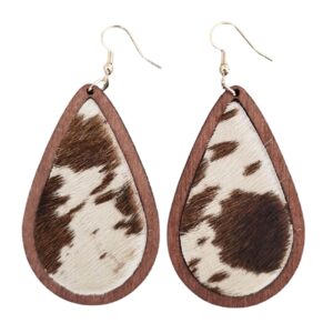 bohemia cow leopard print dangle drop earrings lightweight leather wood teardrop hook earrings handmade hypoallergenic earrings for women cute holiday aesthetic jewelry-style e