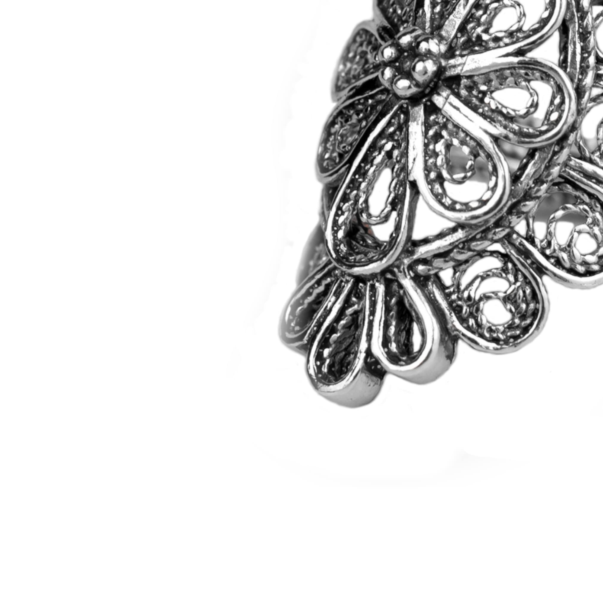 Filigranist 925 Sterling Silver Filigree Art Lace Embroidery Detailed Women Long Statement Ring (8.5)