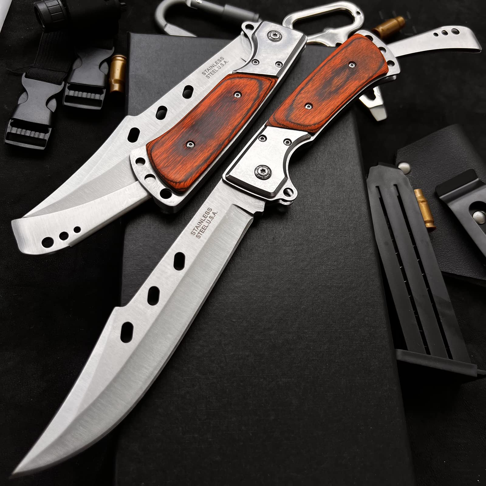 MADSABRE 12.7" Large Folding Knife Tactical Knives with Rosewood Handle and Sheath - 7.2" Long Blade Big Pocket Knife for Men for EDC Survival Hunting Camping Hiking Tools