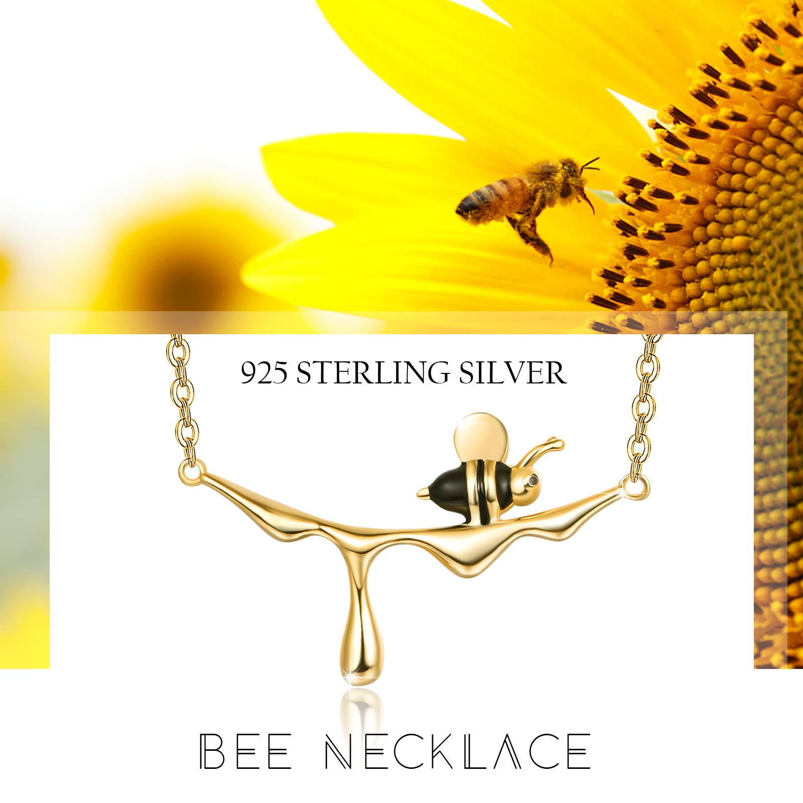 CUOKA MIRACLE Gold Bee Pendant Necklace 925 Sterling Silver Honey Pendant Necklace Bee with Dripping Honey Pendant Necklace Bumblebee Jewelry Birthday Gifts for Women