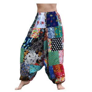 PEACH PEBBLE Women's Harem Pants 100% Cotton, Bohemian Yoga Boho Hippie Aladdin Colorful Patchwork Harem Pants, Soft Cotton Casual Fashion Women