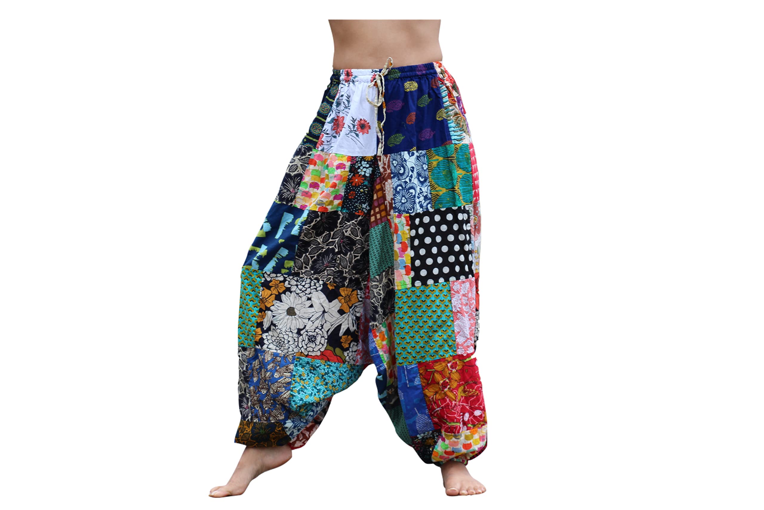 PEACH PEBBLE Women's Harem Pants 100% Cotton, Bohemian Yoga Boho Hippie Aladdin Colorful Patchwork Harem Pants, Soft Cotton Casual Fashion Women