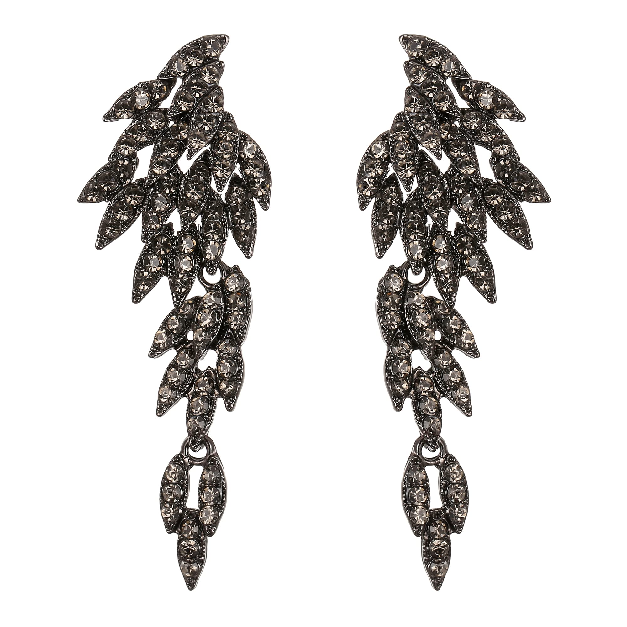 BriLove Art Deco Angel Wings Rhinestone Retro Statement Earrings for Women Dangling Chandelier Long Drop Grey Black-Tone