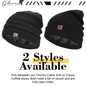 Olivia Sylx Satin Lined Beanie for Women - Satin Beanie,Silk Beanie, Satin Lined Winter Hats for Women & Slouchy Beanie Black