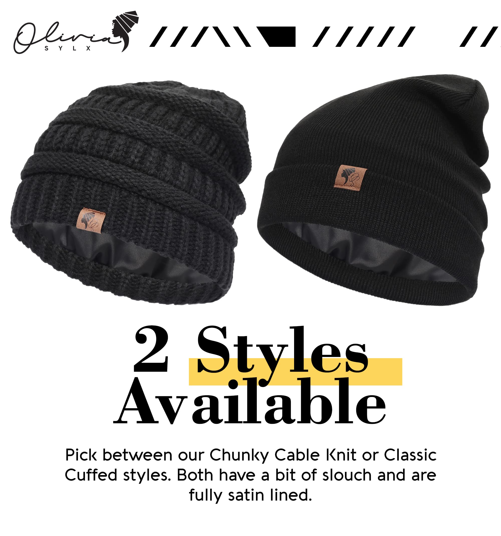 Olivia Sylx Satin Lined Beanie for Women - Satin Beanie,Silk Beanie, Satin Lined Winter Hats for Women & Slouchy Beanie Black