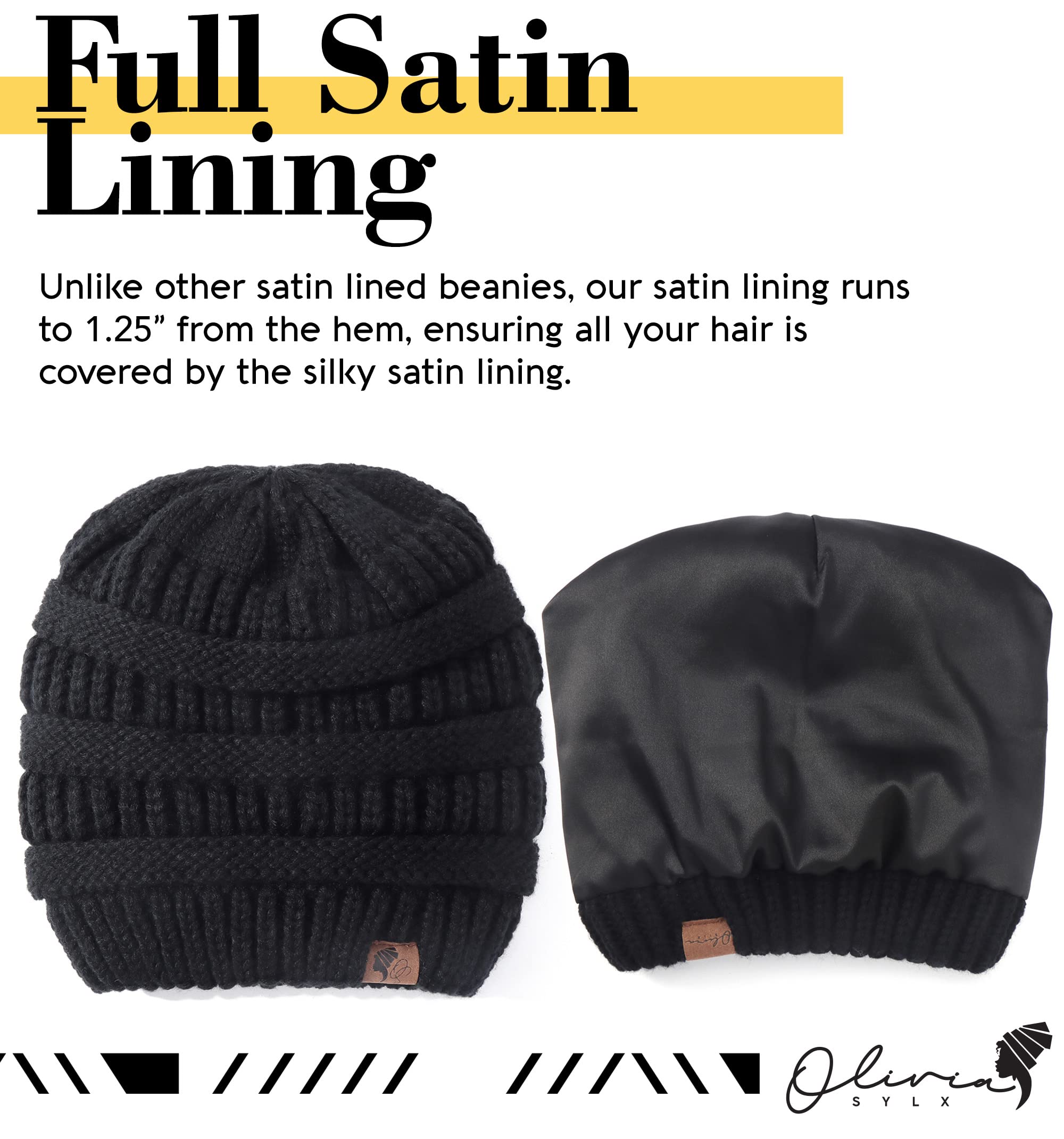 Olivia Sylx Satin Lined Beanie for Women - Satin Beanie,Silk Beanie, Satin Lined Winter Hats for Women & Slouchy Beanie Black