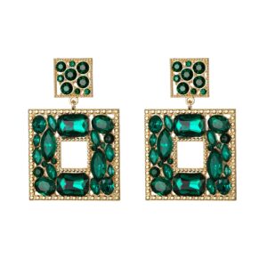 brilove st patricks day earrings art deco sparkly rhinestone geometric emerald cut statement dangle earrings for women green gold-tone