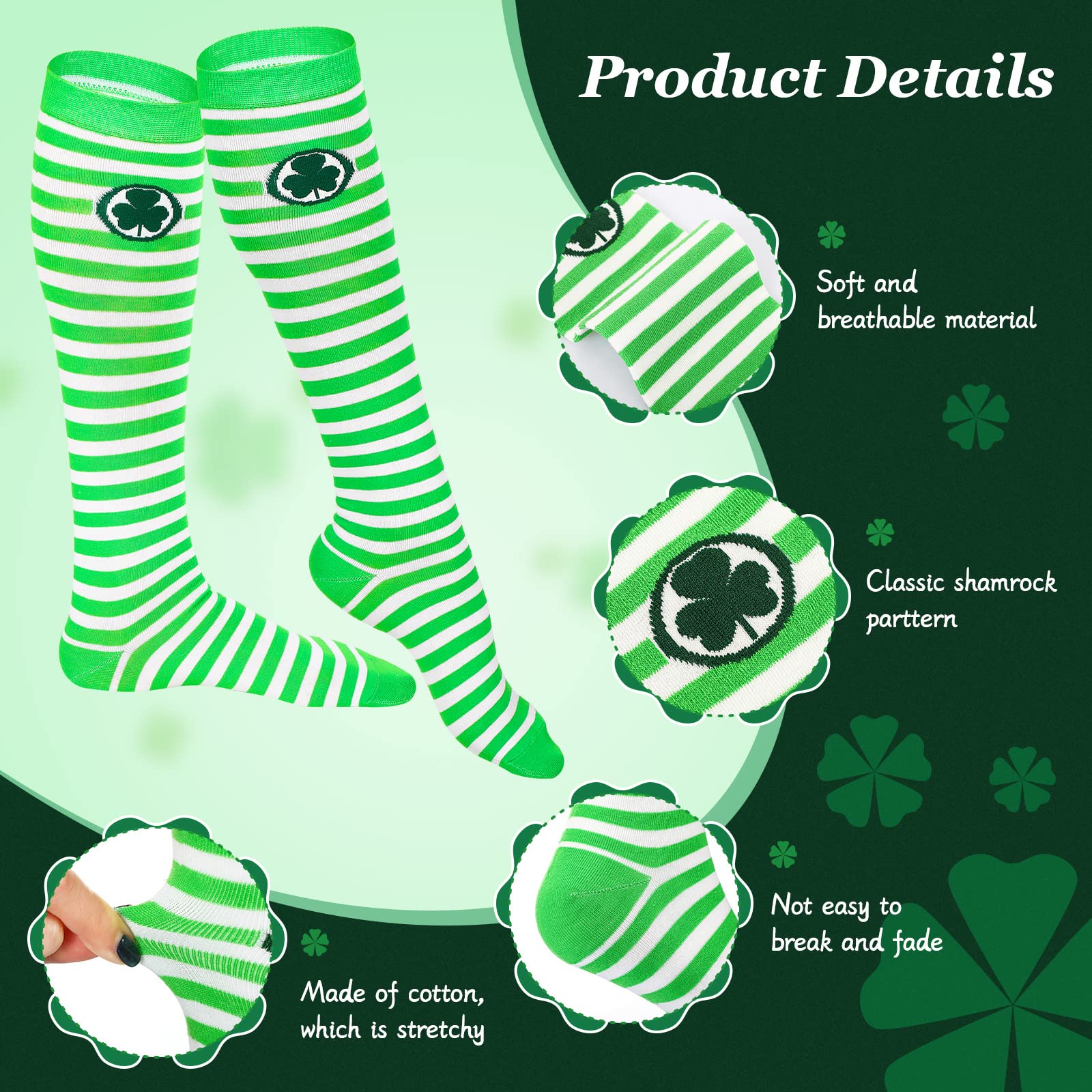 JaGely St. Patrick Day Sock 4 Pairs Green Striped Socks Shamrock Athletic Running Knee Thigh High Stockings Long Tube Socks for Women