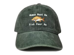 hepandy women want me fish fear me embroidered washed army green baseball caps for men, embroidery snapback trucker hat adjustable dad hats unisex