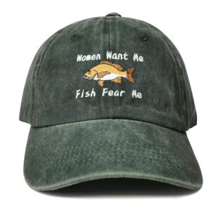 Hepandy Women Want Me Fish Fear Me Embroidered Washed Army Green Baseball Caps for Men, Embroidery Snapback Trucker Hat Adjustable Dad Hats Unisex