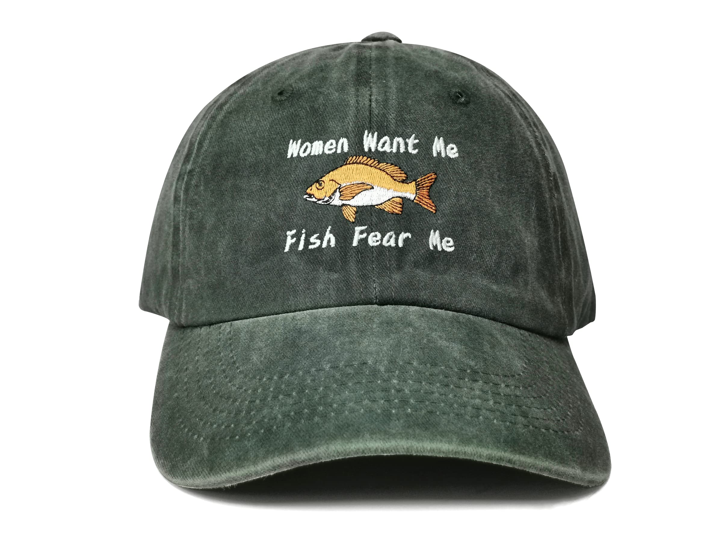 Hepandy Women Want Me Fish Fear Me Embroidered Washed Army Green Baseball Caps for Men, Embroidery Snapback Trucker Hat Adjustable Dad Hats Unisex