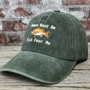 Hepandy Women Want Me Fish Fear Me Embroidered Washed Army Green Baseball Caps for Men, Embroidery Snapback Trucker Hat Adjustable Dad Hats Unisex