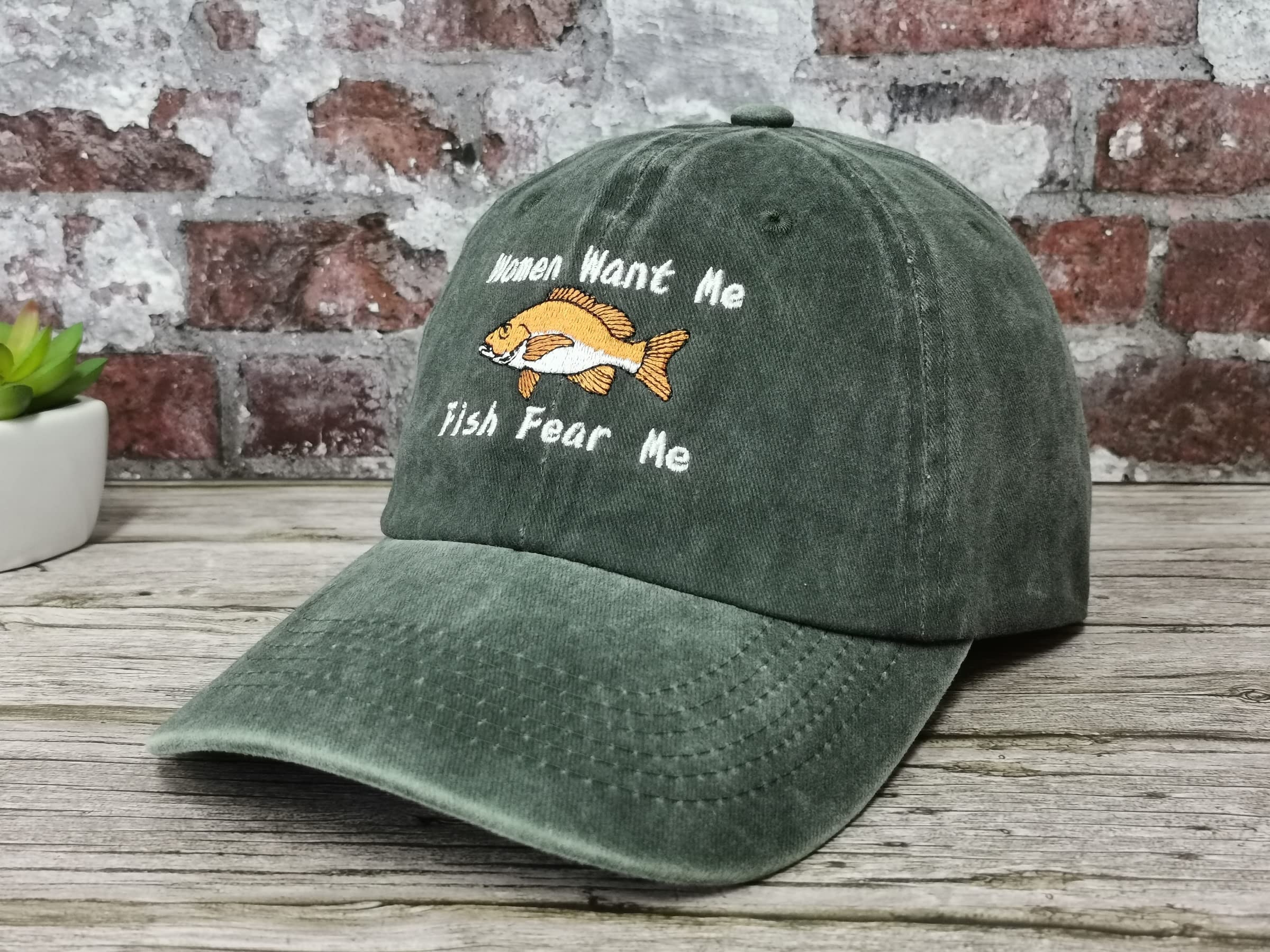 Hepandy Women Want Me Fish Fear Me Embroidered Washed Army Green Baseball Caps for Men, Embroidery Snapback Trucker Hat Adjustable Dad Hats Unisex