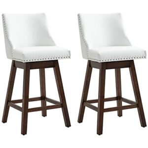 homcom 28" swivel bar height bar stools set of 2, armless pu leather upholstered barstools chairs with nailhead trim and wood legs, white