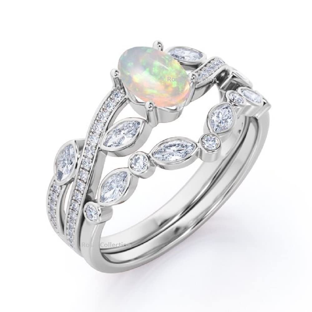 Rosie Collection Solid 14K White Gold Plated 925 Sterling Silver Created Opal V Shaped Chevron Wedding Engagement Bridal Ring Set 7