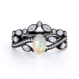 rosie collection oval shaped created opal & cz 14k black gold over 925 sterlnig silver v shaped chevron wedding bridal ring set 5.5