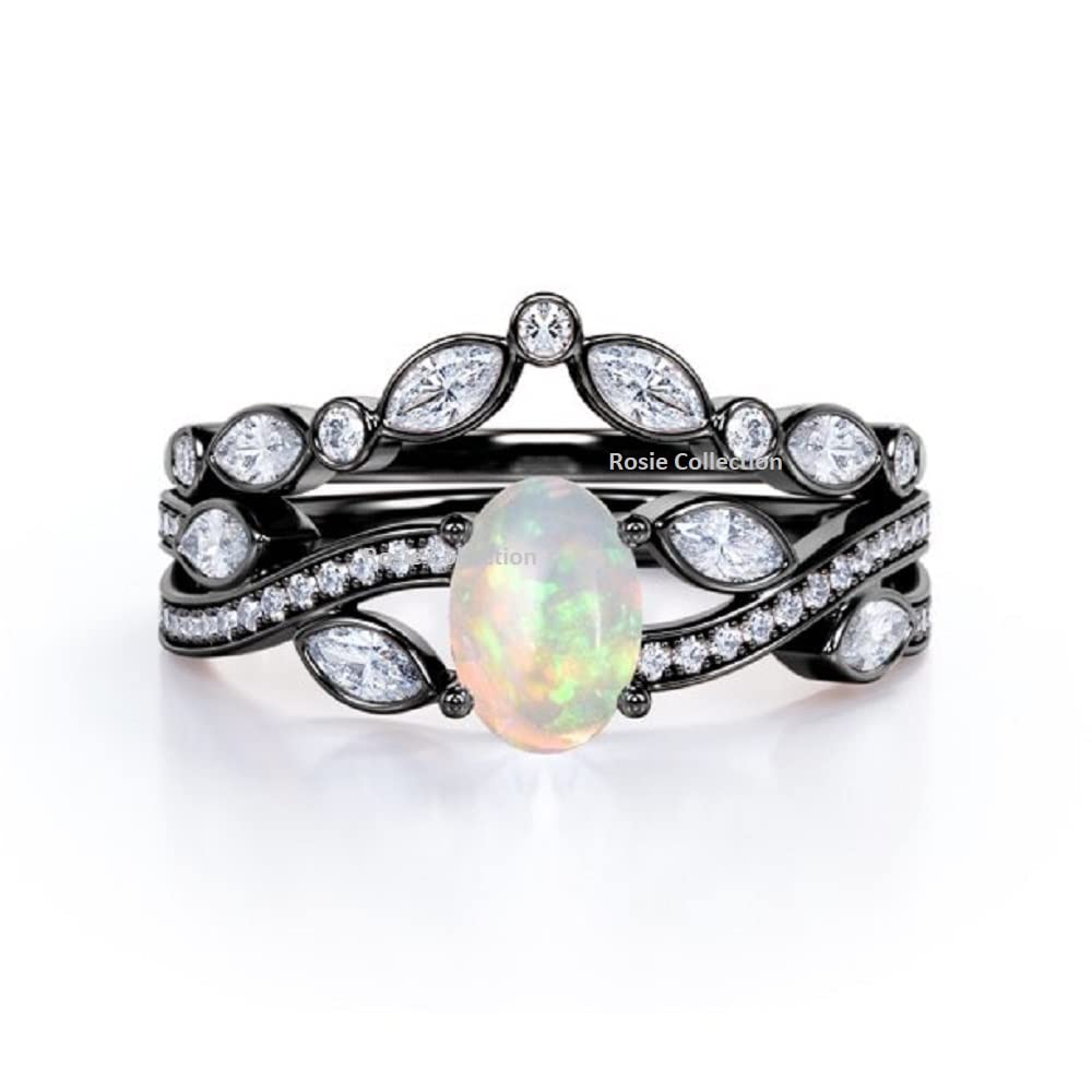 Rosie Collection Oval Shaped Created Opal & CZ 14K Black Gold Over 925 Sterlnig Silver V Shaped Chevron Wedding Bridal Ring Set 5.5