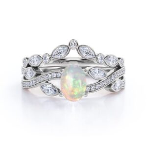 rosie collection solid 14k white gold plated 925 sterling silver created opal v shaped chevron wedding engagement bridal ring set 7