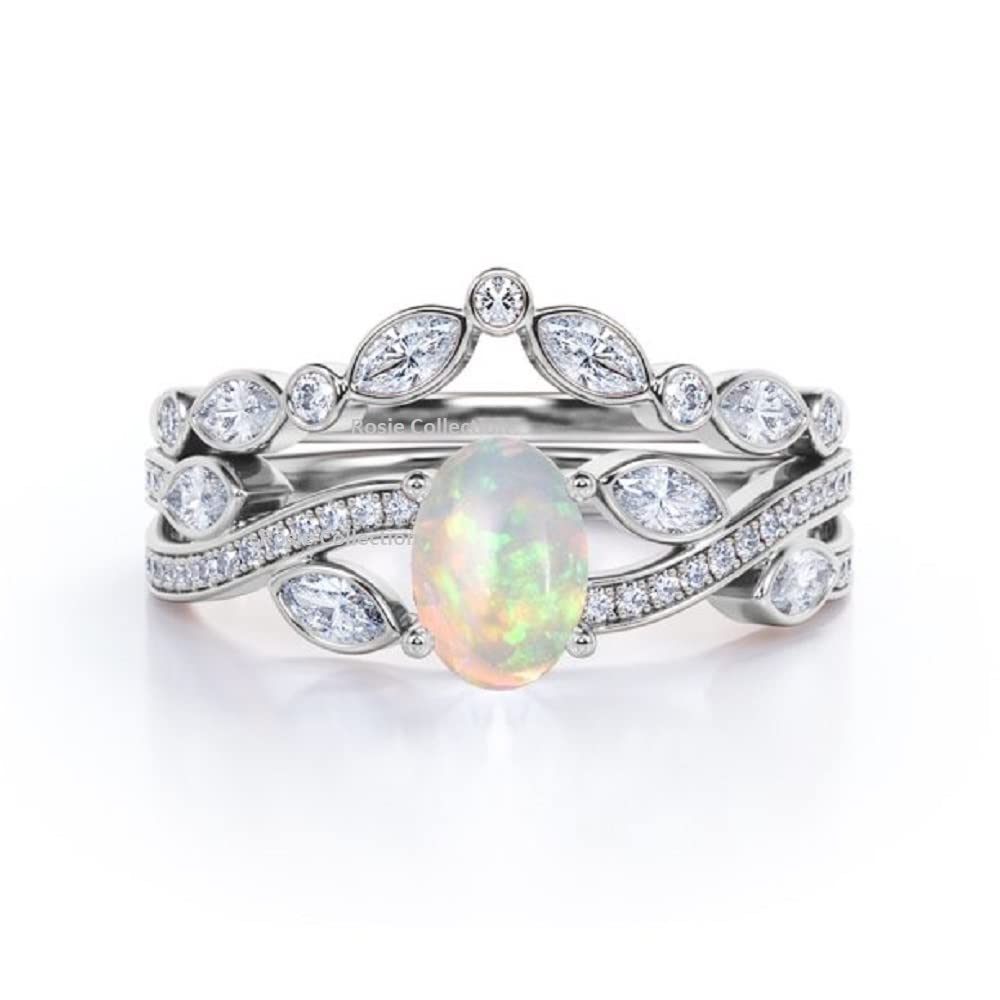 Rosie Collection Solid 14K White Gold Plated 925 Sterling Silver Created Opal V Shaped Chevron Wedding Engagement Bridal Ring Set 7