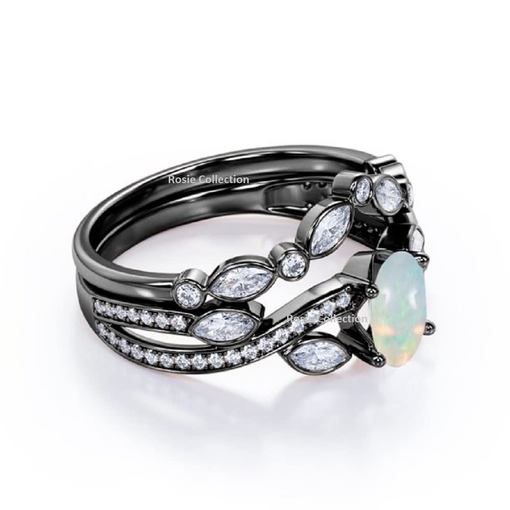 Rosie Collection Oval Shaped Created Opal & CZ 14K Black Gold Over 925 Sterlnig Silver V Shaped Chevron Wedding Bridal Ring Set 5.5