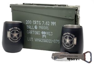 (1) 30 cal grade 1 military ammo can (used) - (2) laser engraved, “hold the line” insulated wine tumblers - (1) laser engraved, corkscrew/multi-tool