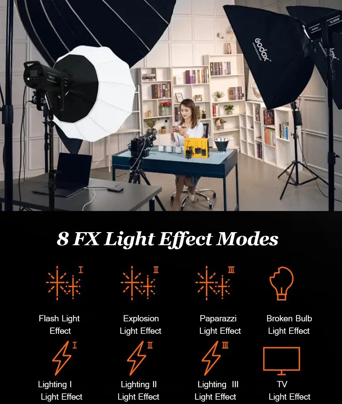 Godox SL200WIII 215W LED Video Light,Bowens Mount Continuous Lighting,2.4G 95600Lux CRI96+ Flash Light,5600K Daylight Balanced,8 Pre-Programmed Lighting Effects with Ultra-Silent Fan for Photography